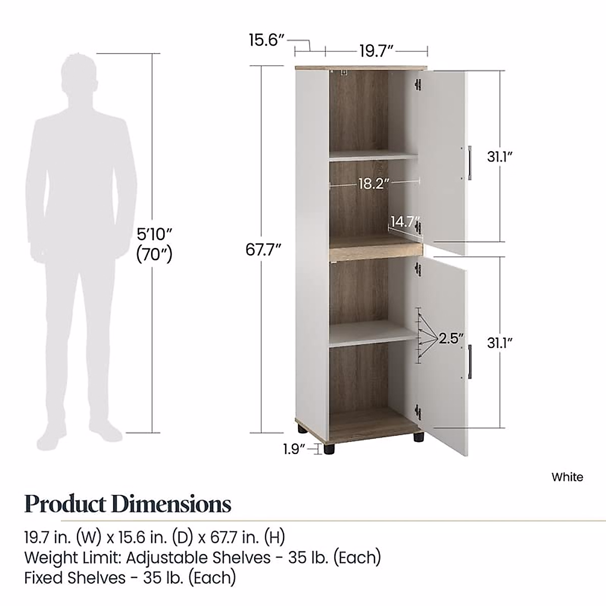 SystemBuild Whitmore 2 Door Kitchen Pantry Cabinet, White