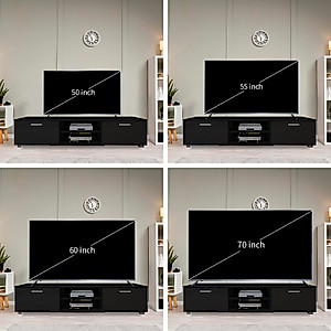 WERSMT Wood TV Stand, Modern 55 60 65 70 inch TV Stand, Entertainment Center with Storage, High Gloss TV Cabinet for Living Room, Black