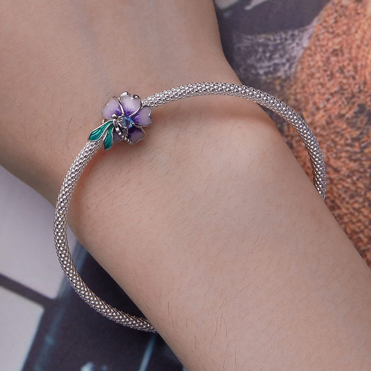 Dragonfly Flower Bead Charm 925 Sterling Silver Charm Fits For Pandora Bracelet Necklace,BSC786