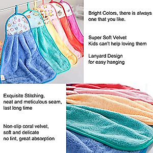 PINOWU [6 Pack] Super Soft Hanging Hand Towel for Kitchen and Bathroom, Ultra Absorbent Thick Coral Velvet Hand Towels Washcloth with Hanging Loop, Fast Drying Microfiber Towel 12”x16”