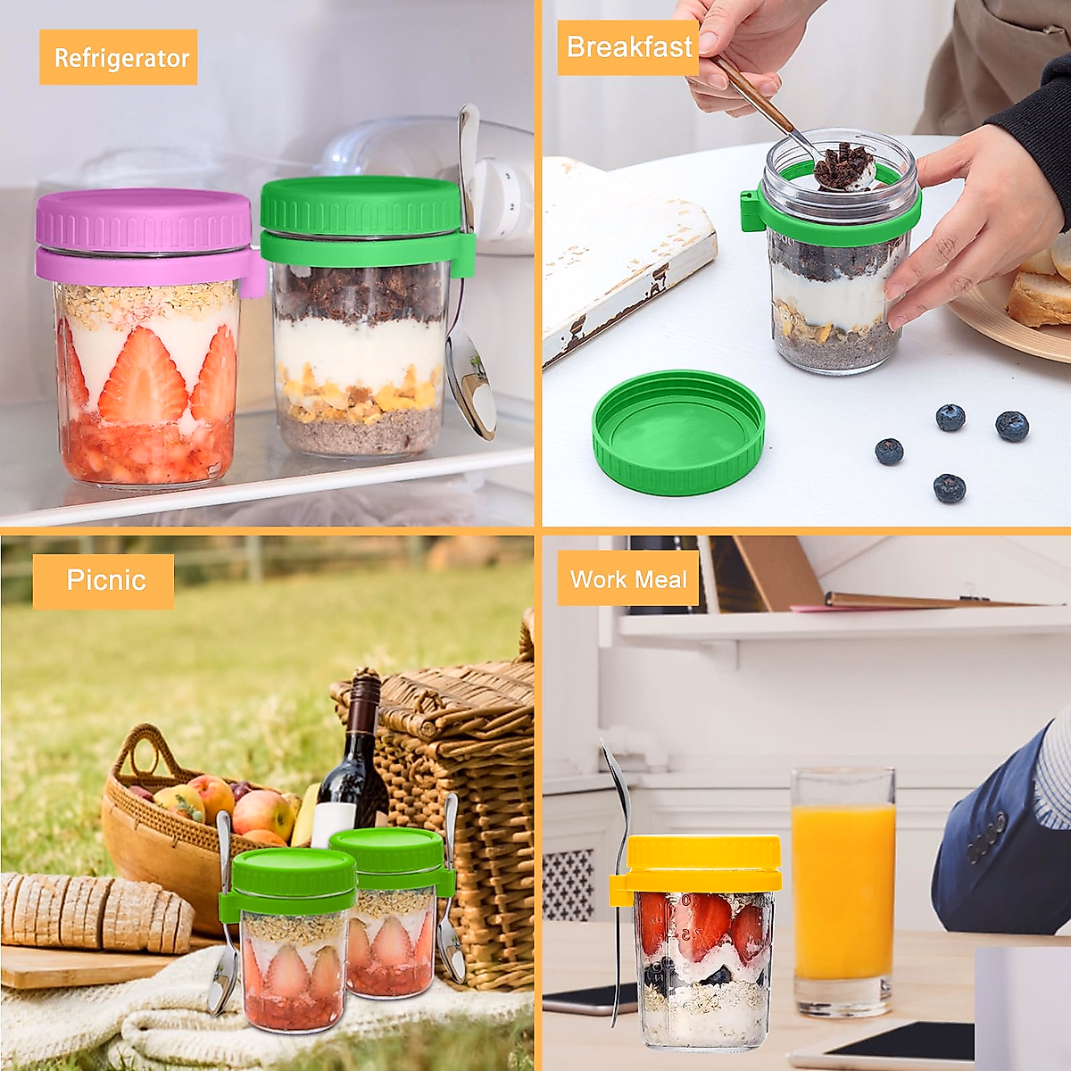 Cadamada Mason Jars 16 oz with Lids, Overnight Oats Containers with for Oatmeal, Pudding, Yogurt,Salad Dressing Containers,Cereal Meal Prep Containers,DIY Gifts, Wedding, Party(12pcs)