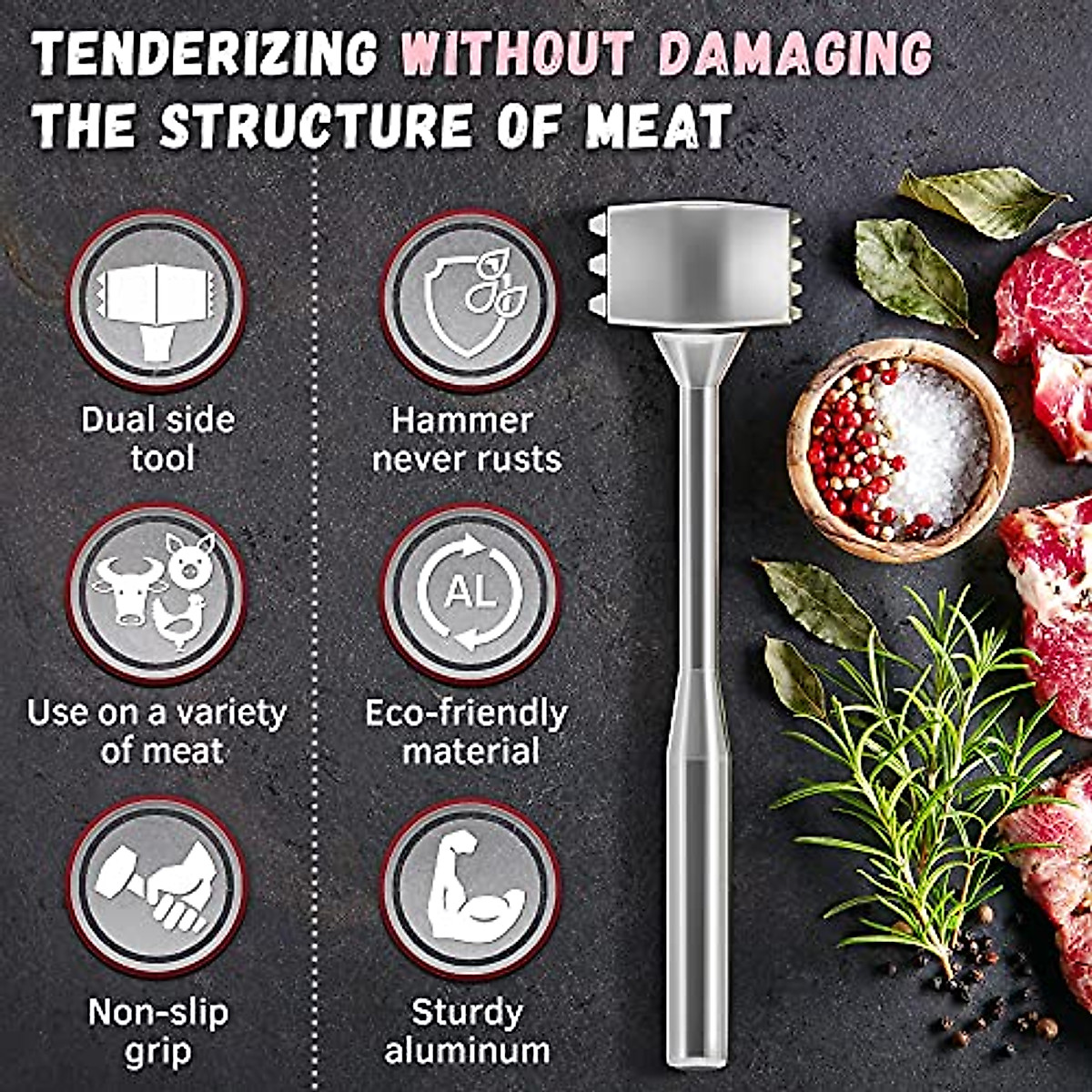 Meat Tenderizer 1 pcs - Aluminium Meat Mallet - Dual-Sided Meat Tenderizer Tool Kitchen Meat Pounder Home Meat Hammer for Tenderizing Ice Steak - Stainless Veal & Chicken Safe Meat Beater 1309479