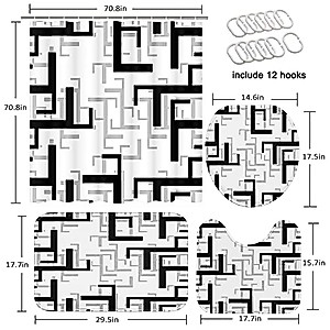 Black Grey Shower Curtain Sets with Toilet Lid Cover and Non-Slip Rugs, Retro Geometric 4 Pcs Shower Curtains for Bathroom, Rectangle Abstract Modern Bathroom Decor