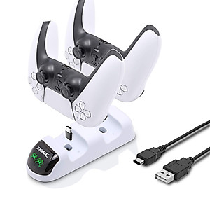 PS5 Charging Station, PS5 Accessories for Dual Controllers with USB C Cable and LED Indicator (Gray)