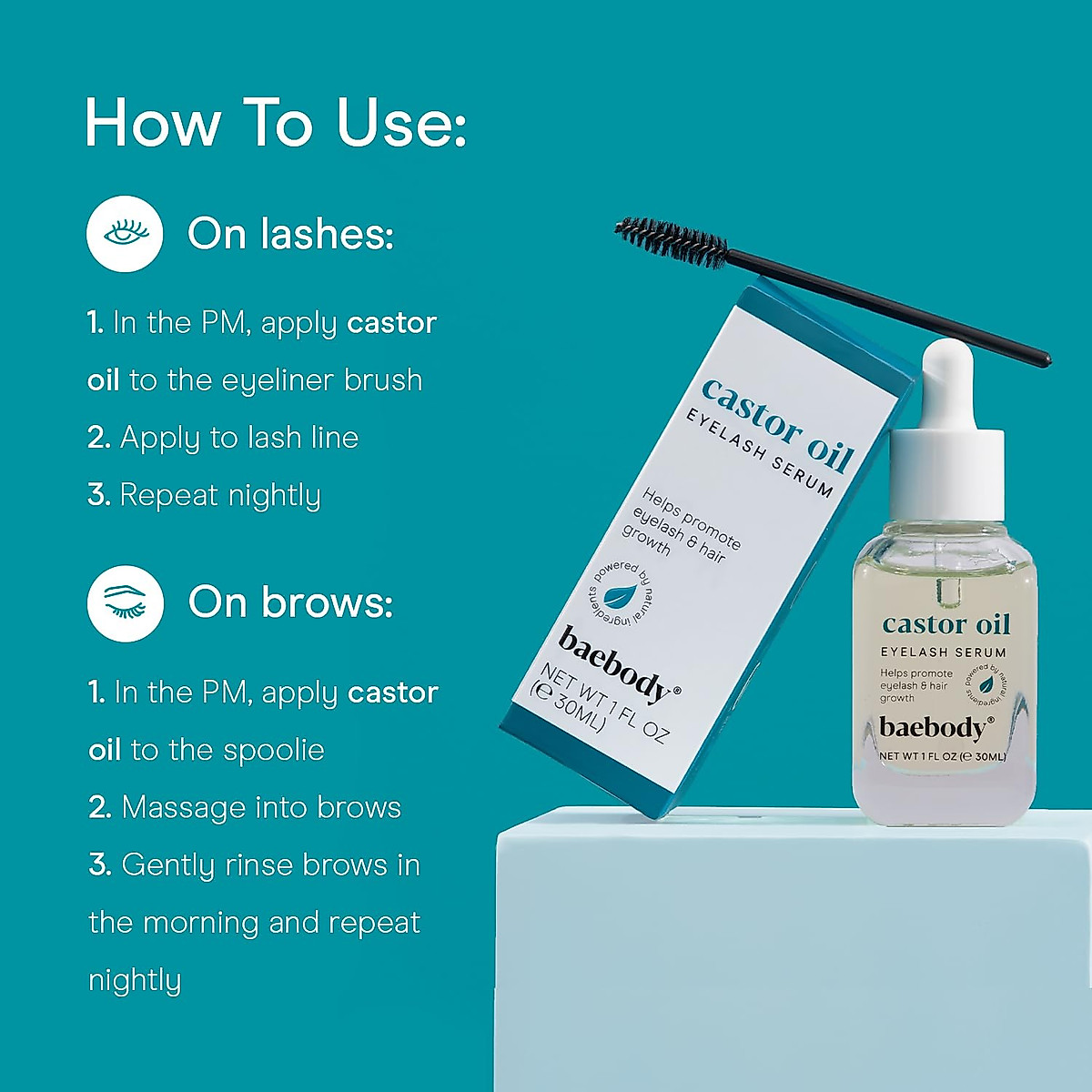 Baebody Critically Acclaimed Vegan Castor Oil for Eyelashes and Eyebrows, Pure Castor Oil Eyebrow and Lash Growth Serum, Castor Oil for Hair Growth with Applicator Kit, 1 oz - Beauty Gifts for Women