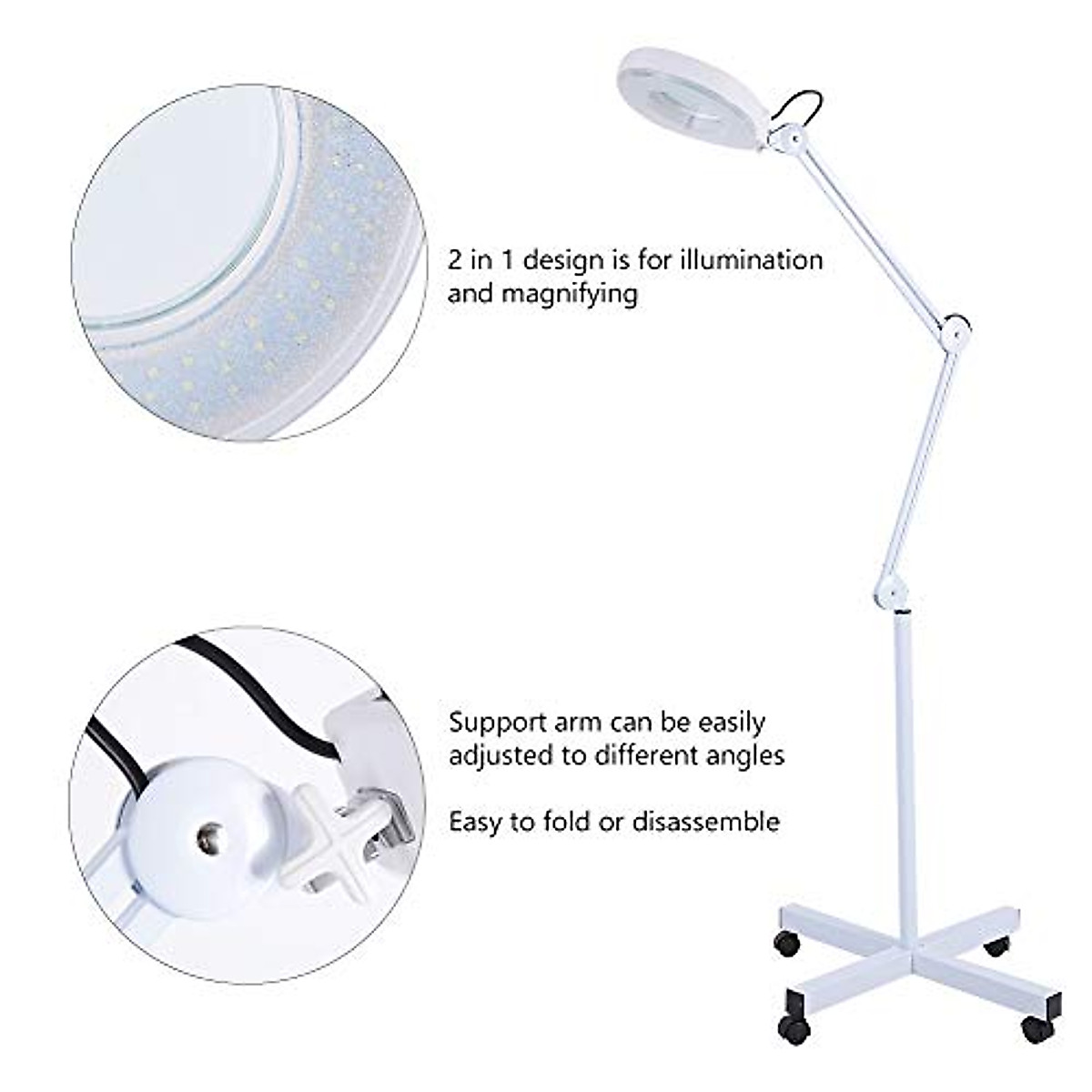 Ejoyous Magnifying Floor Lamp, 5X Glass Lens LED Magnifier Facial Light Rolling Floor Standing Salon Beauty Skincare Tattoo Manicure Equipement with Adjustable Gooseneck - White