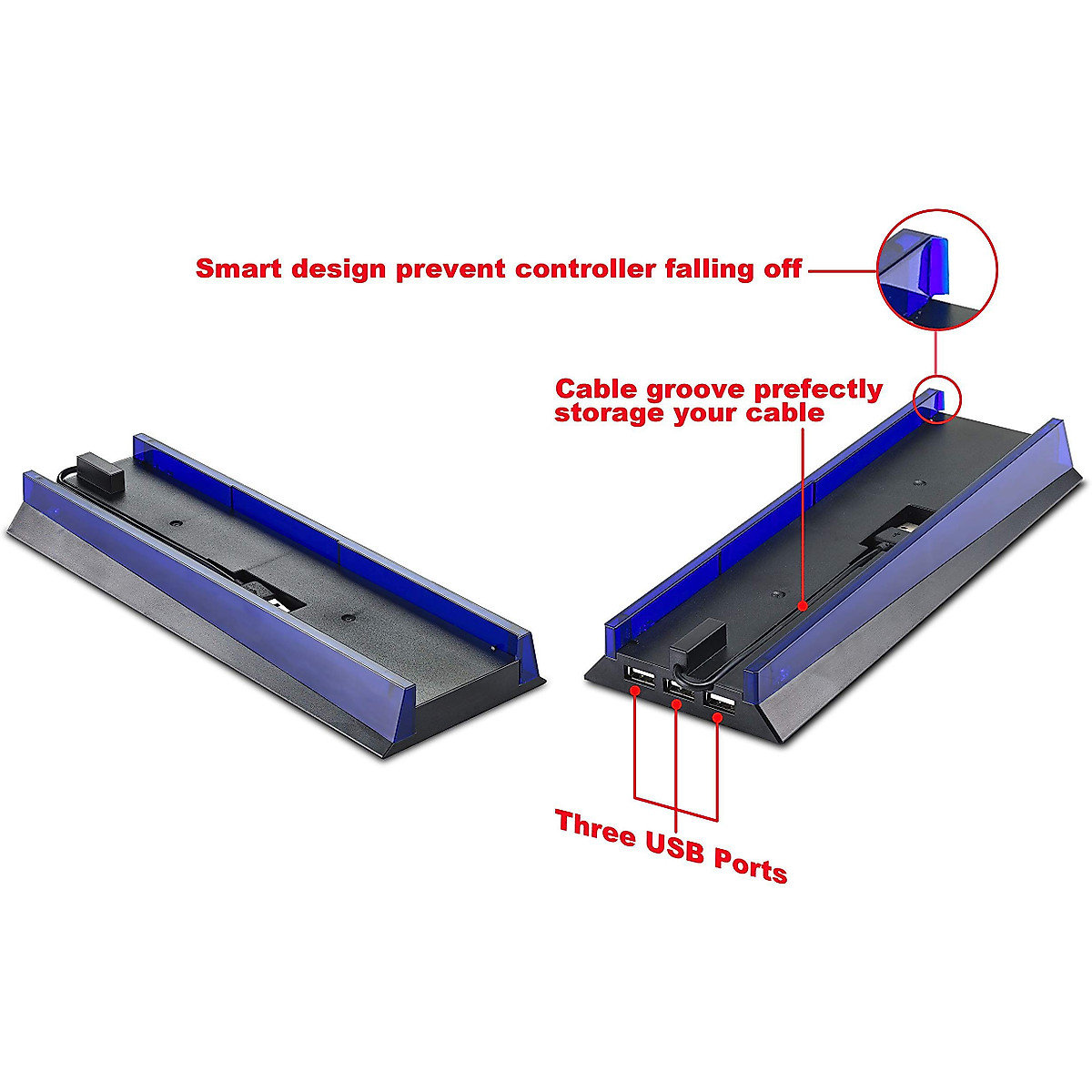 KlsyChry Stand with HUB & Blue Light for PS4, Blue Led Light Vertical Stand Base with 3 USB HUB Port for Sony Playstation 4 PS4 Console (Black)