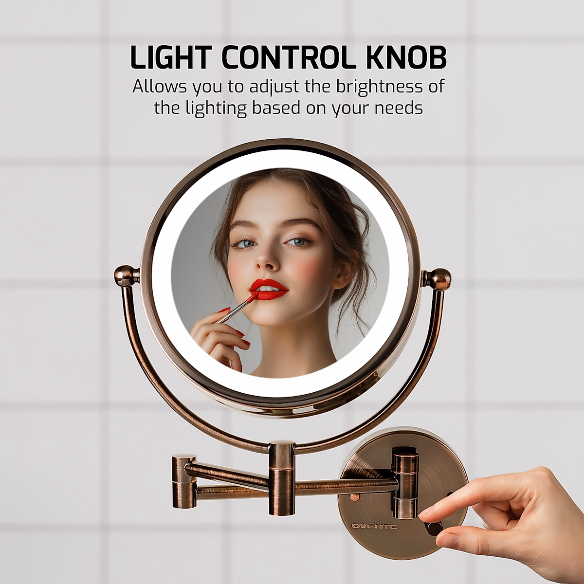 OVENTE 9" Lighted Wall Mount Makeup Mirror with 1X/7X Magnification, Double Sided Magnifying Bathroom Mirror, LED Glow Light, 360° Swivel Design, Extendable Folding Arm, Antique Brass MPWD3185AB1X7X