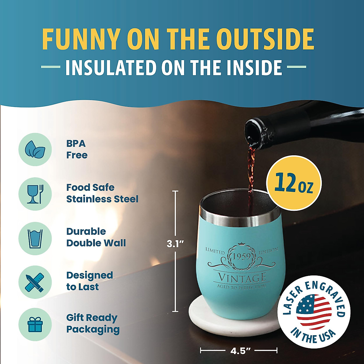 65th Birthday Gifts for Women, Vintage 1959 Stemless Wine Tumblers for Women, 65 Year Old Gifts Ideas, Wife, Mom, Friends, Sister, Turning 65 and Fabulous Birthday Gifts Wine Tumbler, 12oz Mint