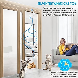Kezlume Cat Toy Interactive for Indoor Cats, Smart USB Rechargeable Door Hanging Automatic Retractable Kitten Toys, Teaser Electronic Self Play Feather Cat String Toy Attached with 3 Catnip Mice White