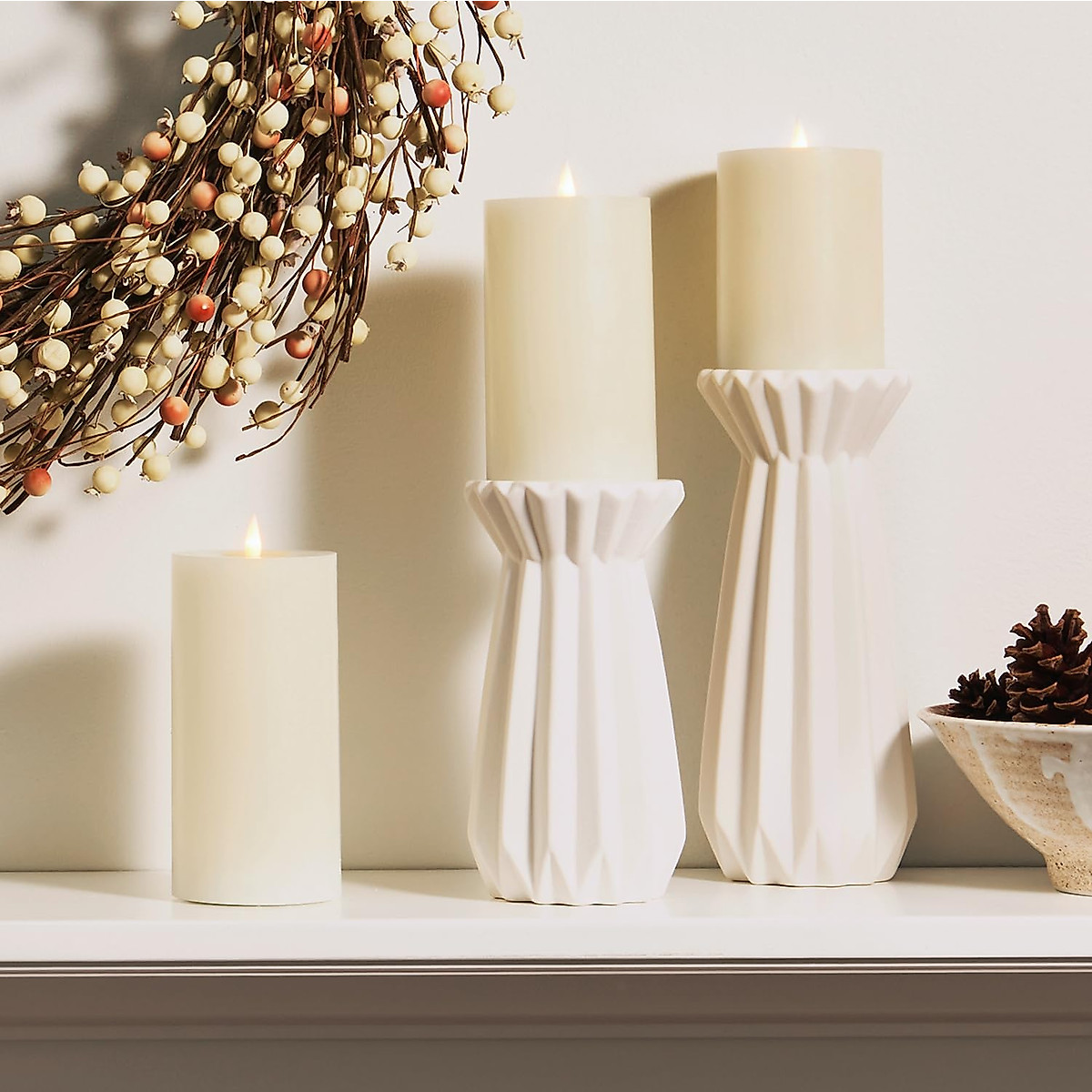 LampLust Realistic Flameless Candles with Remote - Set of 3, Batteries Included, Real Wax, 3D Flickering LED Flame, 3 Inch Diameter Pillar Candles for Mantel Decor, Valentine & Wedding Decorations