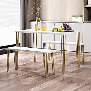 LIADTOP, 3-Piece Kitchen Sets,Rustic Farmhouse Faux Marble Dining 2, Thick Table/Bench Top with Iron Frame for 4,White+Gold