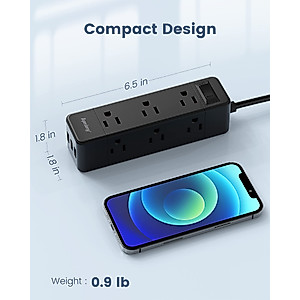 Power Strip Surge Protector, 9 Widely Spaced Outlets with 3 USB Ports, 3 Side Outlet Extender with 6.5 Ft Extension Cord, 1050 Joules, Flat Plug, Wall Mount Charging Station for Home Office Dorm Black