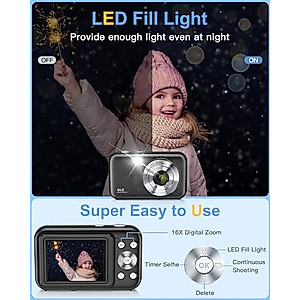 Fulealfly Digital Camera, FHD 1080P Kids Camera with Neck Lanyard 32GB Card Battery, Anti-Shake 16X Zoom, 44MP Point Shoot Cameras, Compact Portable Gift Camera for Kid Teen Student Girl Boy(Black)