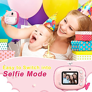 Instant Print Camera for Kids, USHINING Kids Instant Cameras Ink Free Printing Selfie Digital Camera for Kids Aged 3-12,1080P Video Camera with 2.4" Screen,SD Card,Color Pens,Papers,Lanyard (Pink)