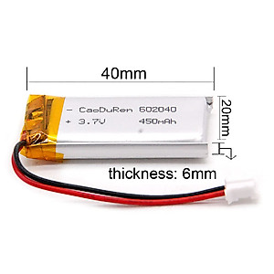 MSDS Verified Part Number: 602040, Rechargeable 3.7V 450mAh Li Lipo Lithium Polymer Ion Battery Pack with 2 Pin 2.0mm JST Connector