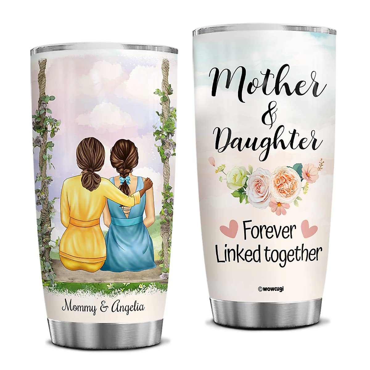 wowcugi Personalized Tumbler Mother & Daughter Forever Linked Together Tumblers With Lid 20oz 30oz Double Walled Vacuum Insulated Stainless Steel Coffee Cup For Moms Mothers Day Birthday Christmas