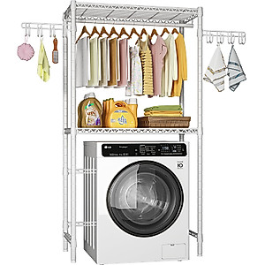 Ulif U12 Over Washer and Dryer Storage Shelves, Laundry Room Storage Rack for Organization, Clothes Drying Rack for Hanging Clothes and Towels, 35" W x 13.4" D x 77.3" H, White