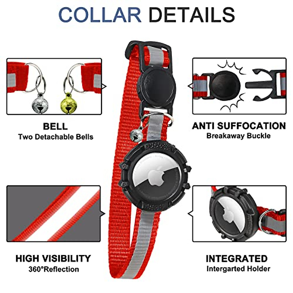 Airtag Cat Collar Breakaway, Reflective Kitten Collar with Apple Air Tag Holder and Bell, Lightweight Tracker Cat Collars for Girl Boy Cats, Kittens, Puppies (Red, S)