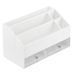 mDesign Plastic Makeup Storage Organizer with 2 Drawers and 5 Divided Sections for Bathroom, Vanity, Cabinet, Countertops - Storage for Cosmetics, Brushes, Blush - Lumiere Collection - White/Clear