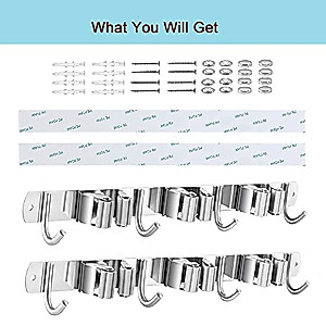 Nlmyt 2Pcs Broom Holder Wall Mount, Broom Organizer Wall Mount, Stainless Steel Mop Holder, Broom Hanger, Heavy Duty Broom Rack for Home, Garage, Garden, Laundry Room (3 Racks 4 Hooks)