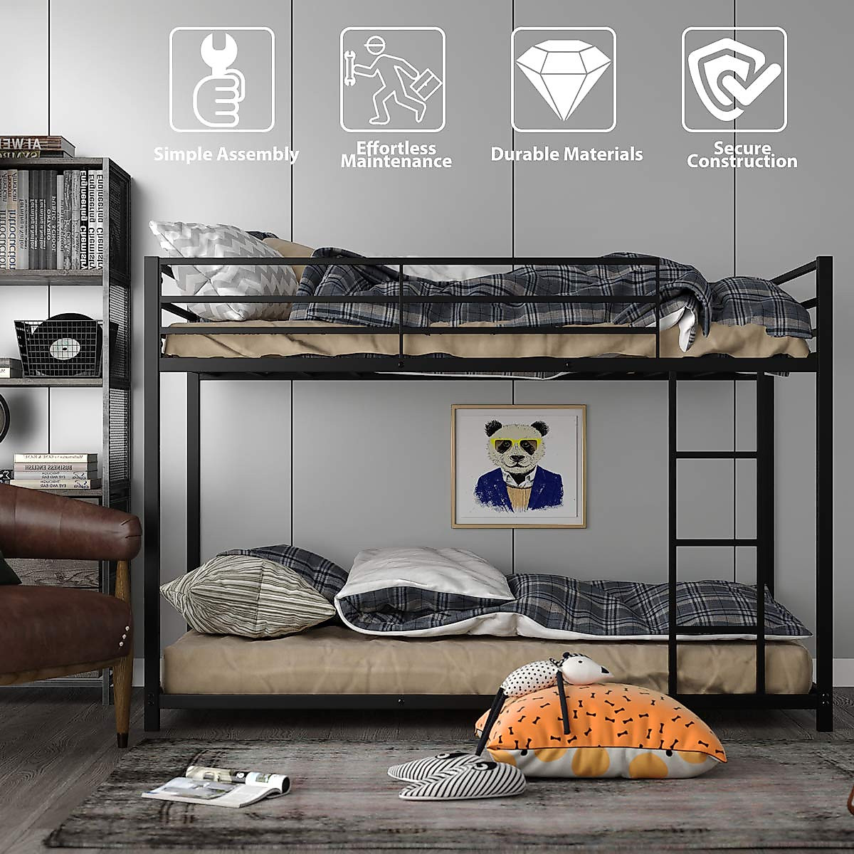 KOTEK Metal Bunk Bed Twin Over Twin, Low Bunk Bed with Sturdy Guard Rails & Ladder, Easy Assembly, Heavy-Duty Floor Bunk Bed Frame for Kids, Teens (Black)