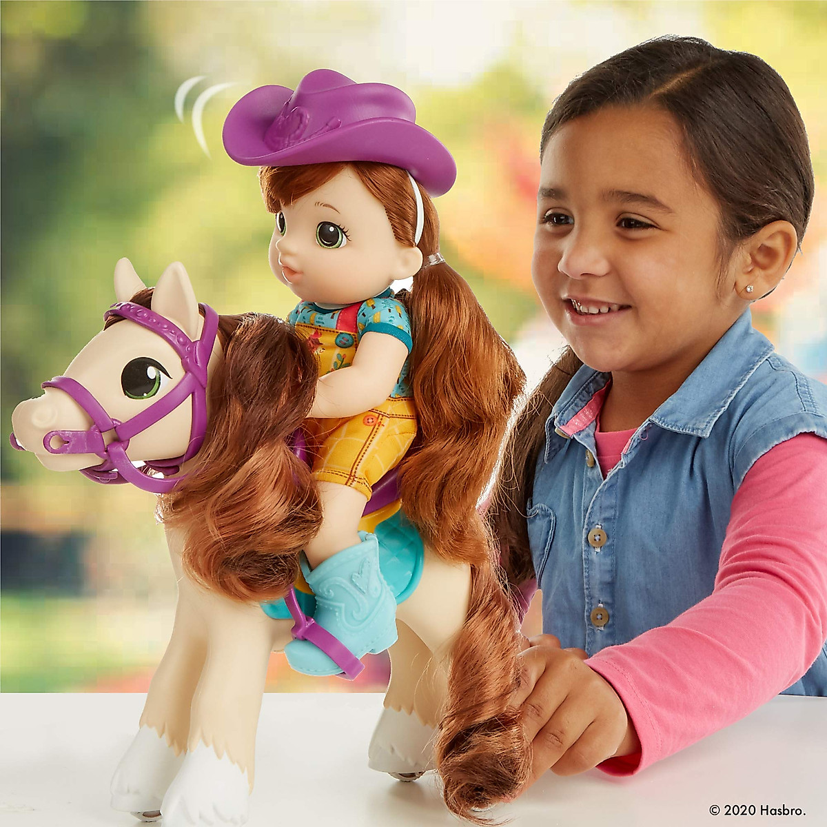 Baby Alive Littles, Lil’ Pony Ride, Little Mandy Doll and Pony with Push-Stick, Accessories, Brown Hair Toy for Kids 3 Years Old and Up