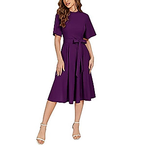 MUADRESS Women Vintage Cocktail Dresses Modest Short Sleeve Classic Tea Dresses Bridesmaid Party Homecoming Dress Grape S
