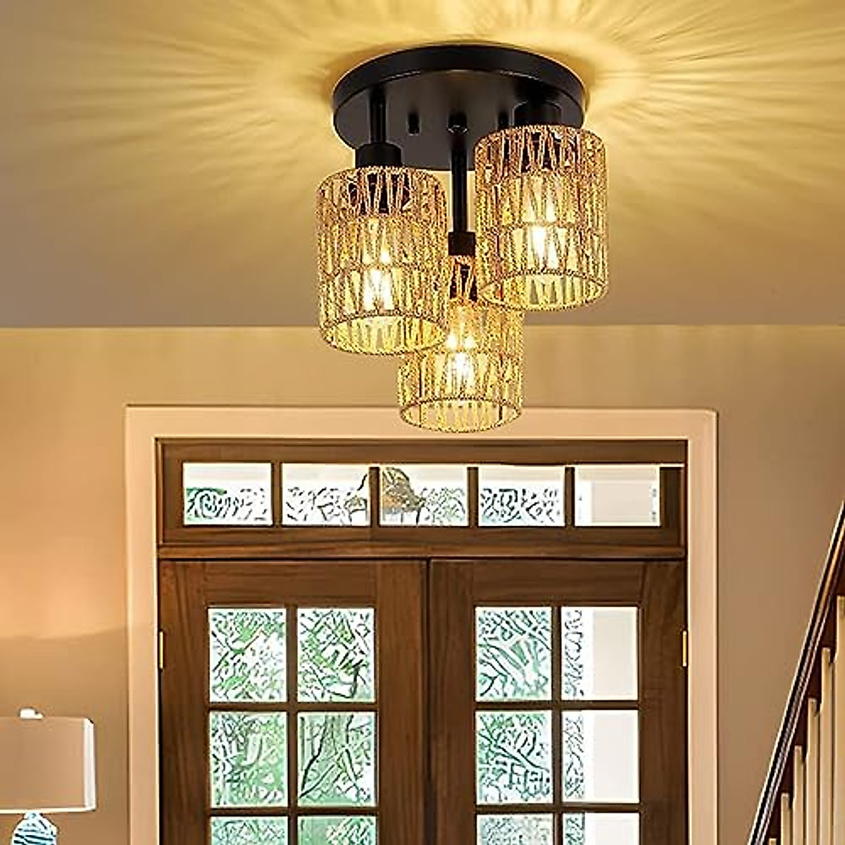 3 Pack Rattan Lamp Shade Small Boho Shades Replacement - Pendant Sconce Shade Ceiling Fan Light Covers Cylinder Woven Lampshade for Floor Lamps Pendant Light Chandelier Wall Sconces Light Fixture