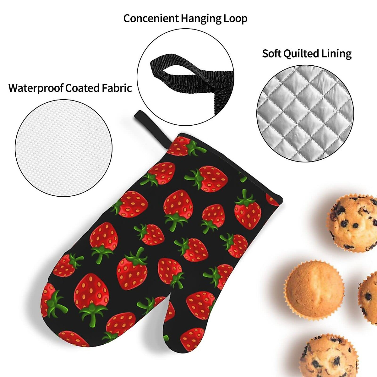 Oven Mitts and Pot Holders Sets 4 Piece, Strawberry On Black Background Oven Gloves Heat Resistant Non-Slip for Kitchen Cooking Grilling Baking