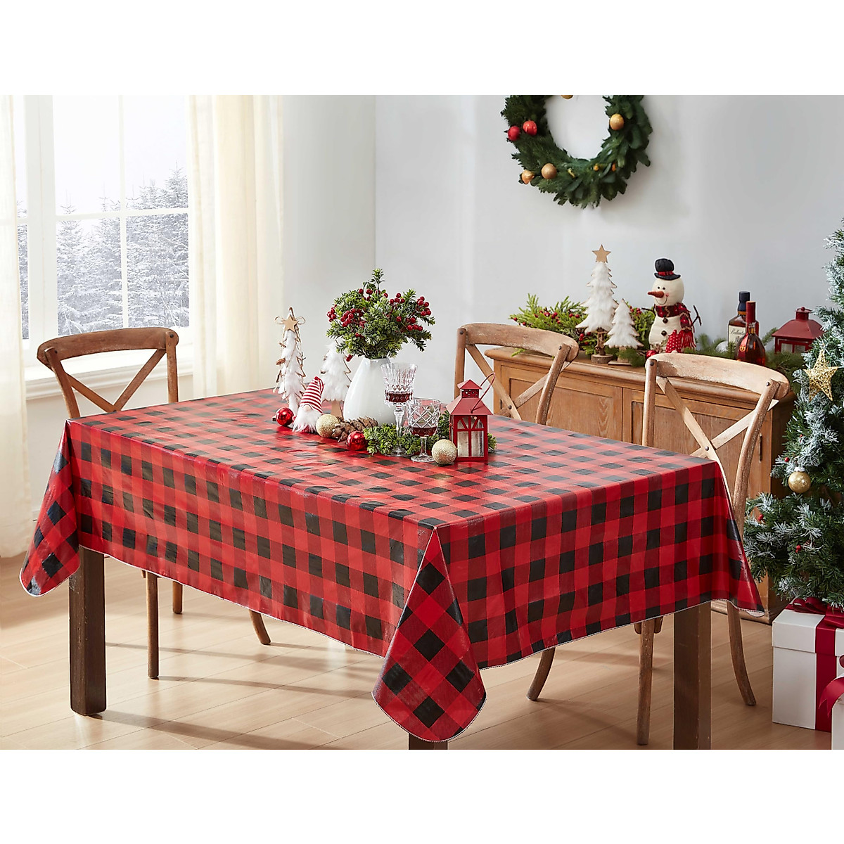 Newbridge Holiday Red and Black Buffalo Plaid Christmas Print Vinyl Flannel Backed Tablecloth, Country Rustic Red Black Cottage Check Xmas Wipe Clean Tablecloth, 60 Inch x 84 Inch Oblong/Rectangle