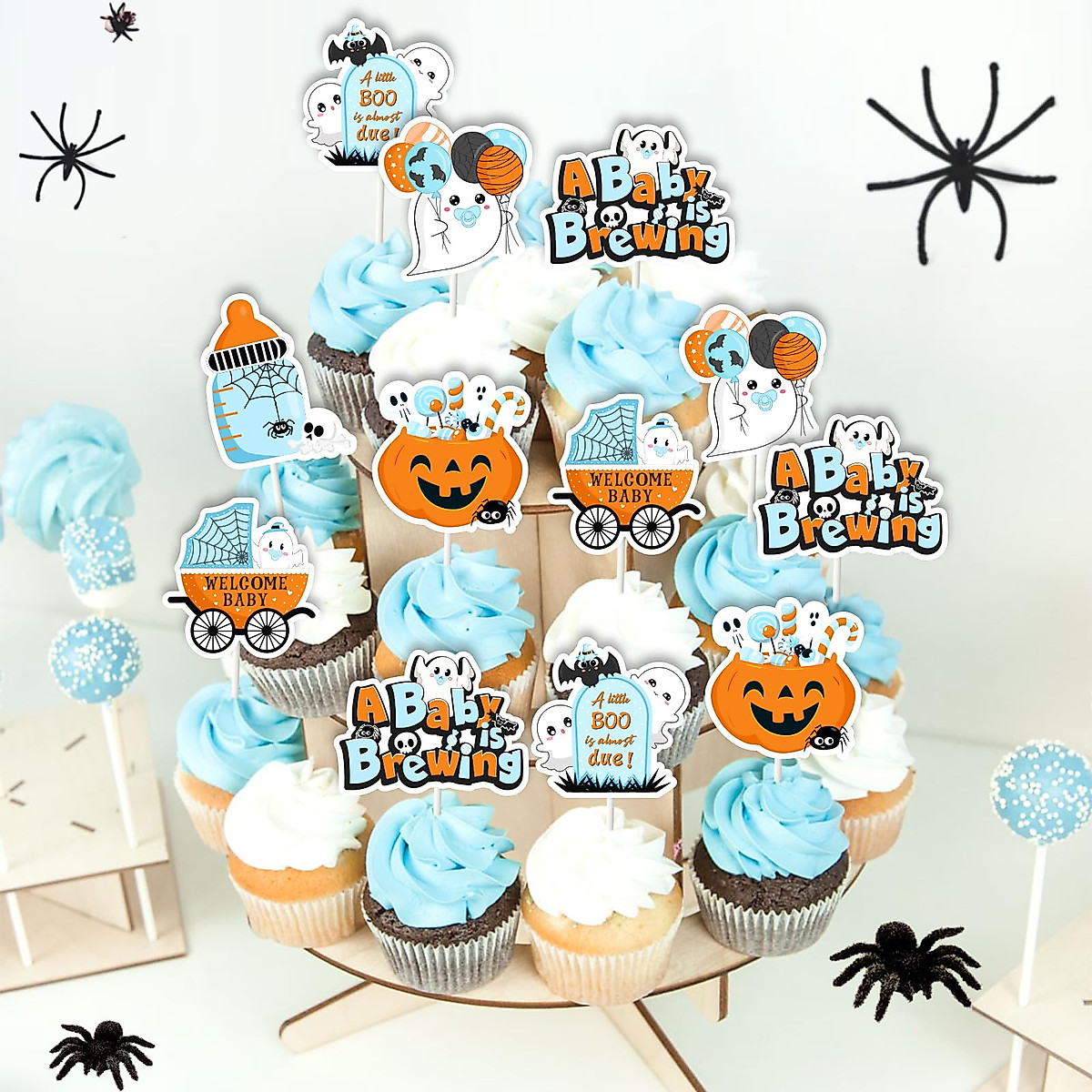 Jollyboom Halloween Baby Shower Party Decoration Boy, 36Pcs A Baby Is Brewing Baby Shower Decorations Cupcake Topper for A Little Boo Is Almost Due Halloween Welcome Baby Shower Gender Revel
