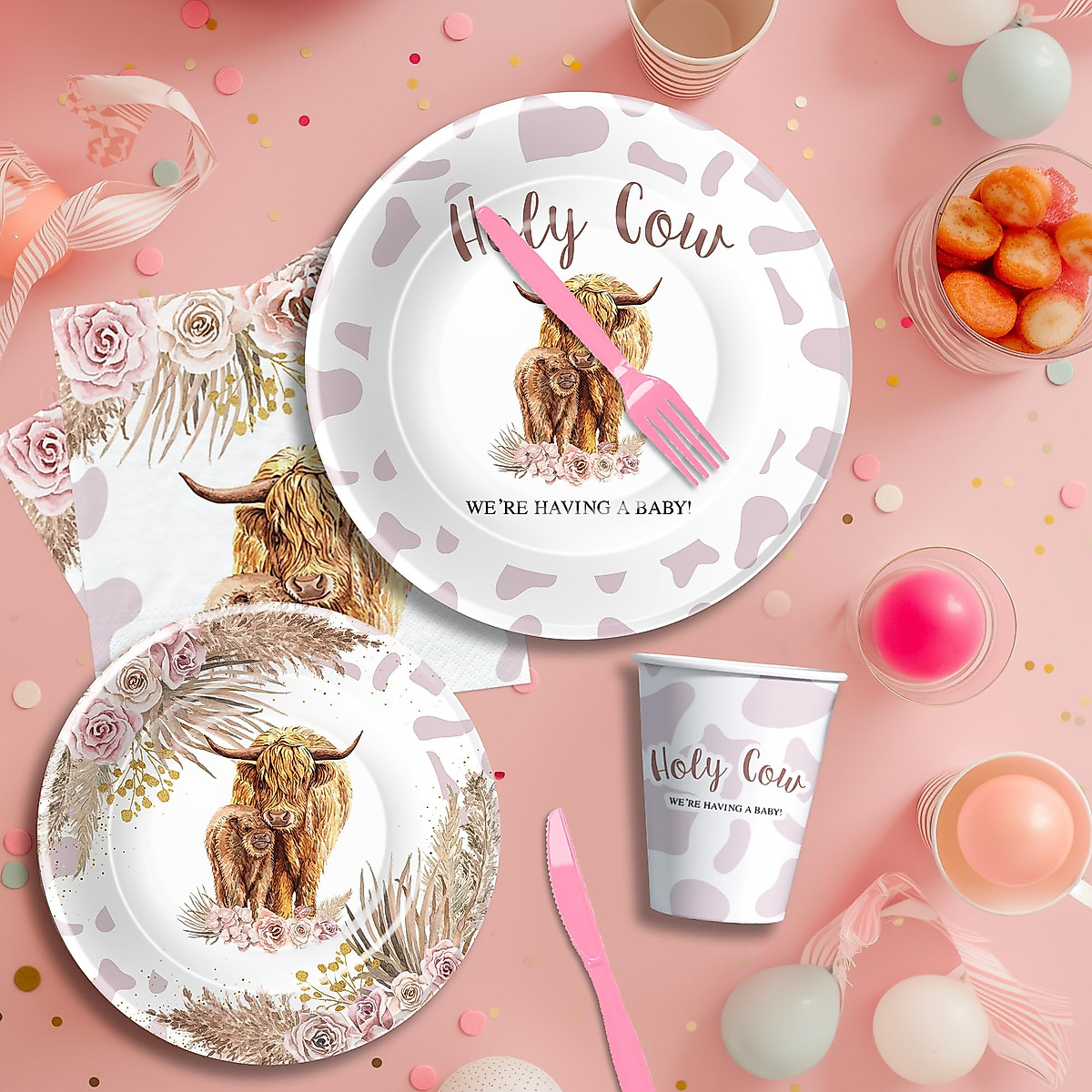Xenorik Highland Cow Baby Shower Decorations Tableware - Holy Cow Baby Girl Party Supplies, Paper Plate, Cup, Napkin, Tablecloth, Cutlery, Boho Highland Cow Baby Shower Table Decorations | Serve 24