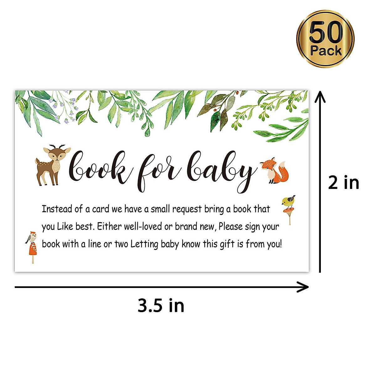 Giftideaworkshop 50 Pack Books for Baby Shower Request Cards, Woodland Floral Books for Baby Insert Cards, Baby Shower Invitation Inserts, Bring a Book Instead of a Card., Green, 3.5 x 2 Inch
