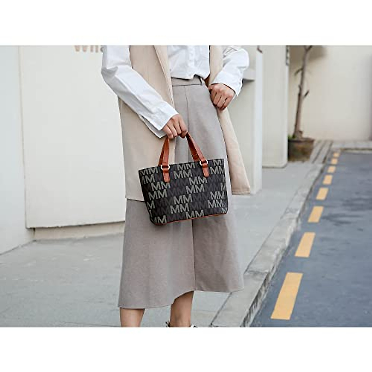 MKF 3-PC Set, Shoulder Bag for Women, Small Tote Handbag & Wristlet Purse – Top Handle PU Leather Fashion Pocketbook Lady Brown