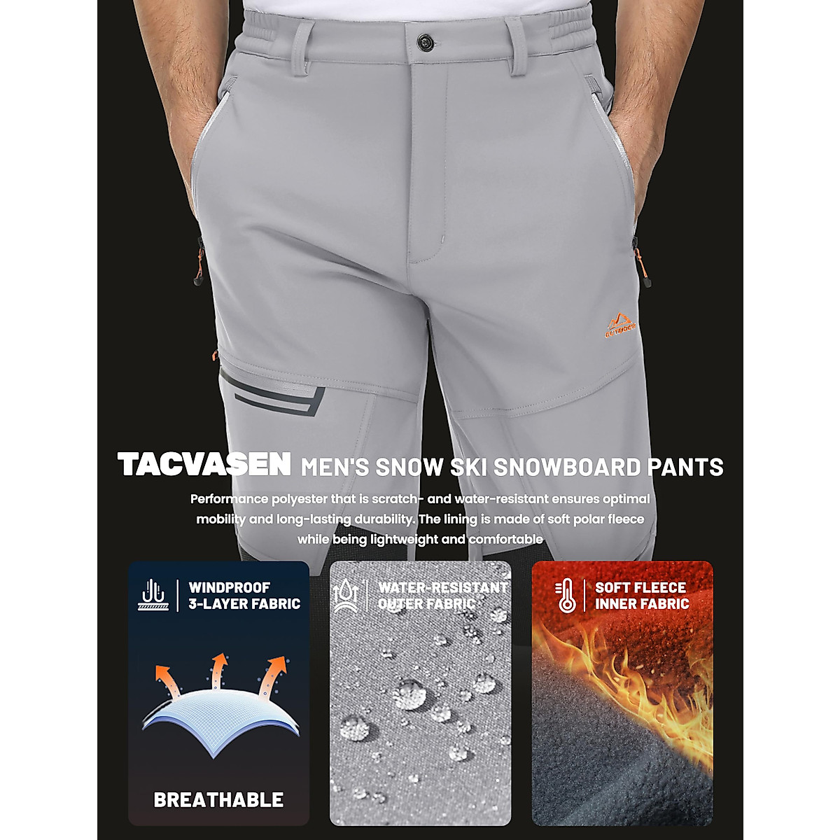 TACVASEN Fleece Lined Pants Men Insulated Ski Pants Water Resistant Snow Windproof Snowboard Trousers Hiking Winter Warm Outdoor Gray 38