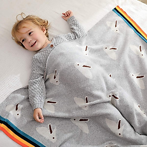 mimixiong 100% Cotton Baby Blanket Knitted Toddler Blanket Soft Cute with Cute Bunny Size 30 x 40 inches Grey