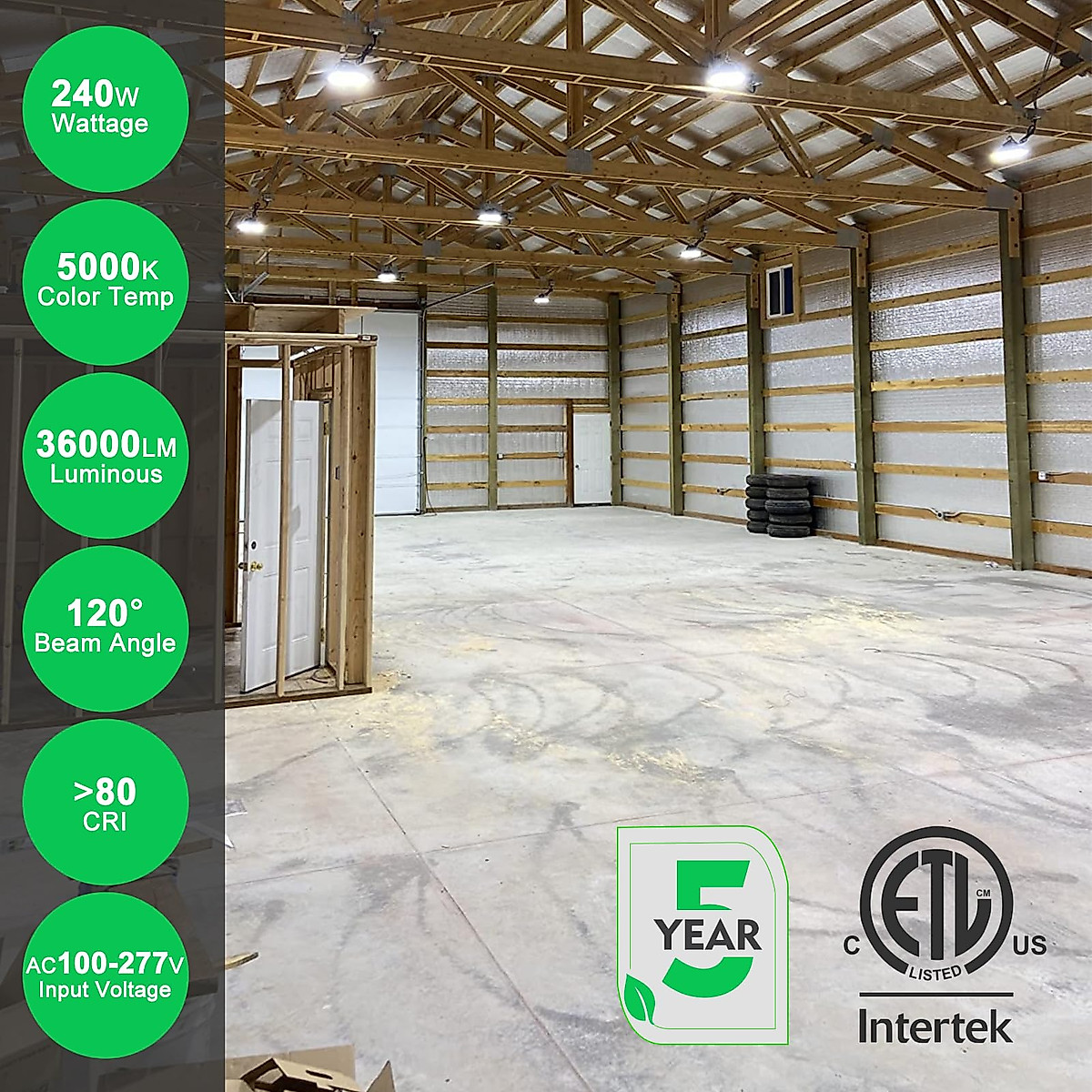 Revibeit Upgrade 240W LED High Bay Light 5000K AC100-277V High Bay LED Lights ETL Listed Commercial Bay Lighting for Warehouse-4Pack 𝟓𝐘𝐫𝐬 𝐖𝐚𝐫𝐫𝐚𝐧𝐭𝐲