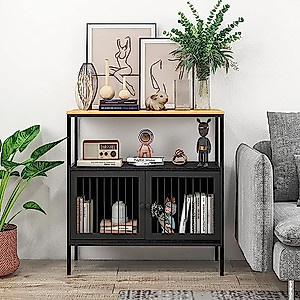 GLOBALWAY Buffet Storage Cabinet, Coffee Station Sideboard with Open Shelve & 2-Door Cabinet, Modern Metal Console Table for Home, Cafe, Natural and Black