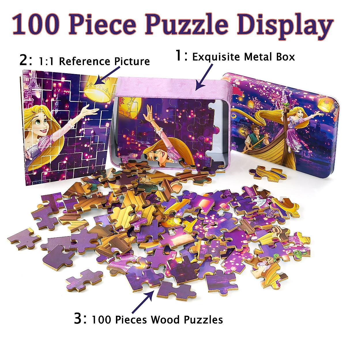 LELEMON Princess Puzzles in a Metal Box 100 Piece Long Hairs Princess Jigsaw Puzzle for Kids Ages 4-8 Children Learning Educational Puzzles Toys