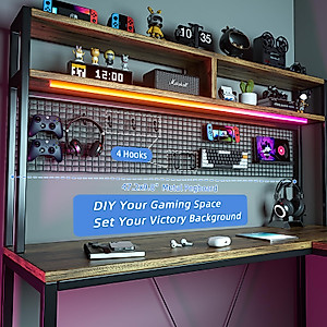 VEELOK L Shaped Desk with Hutch - 67" L Shaped Gaming Desk with LED Lights, Corner Computer Desk with Storage Shelves, L Shaped Office Desk with Pegboard, Rustic Brown