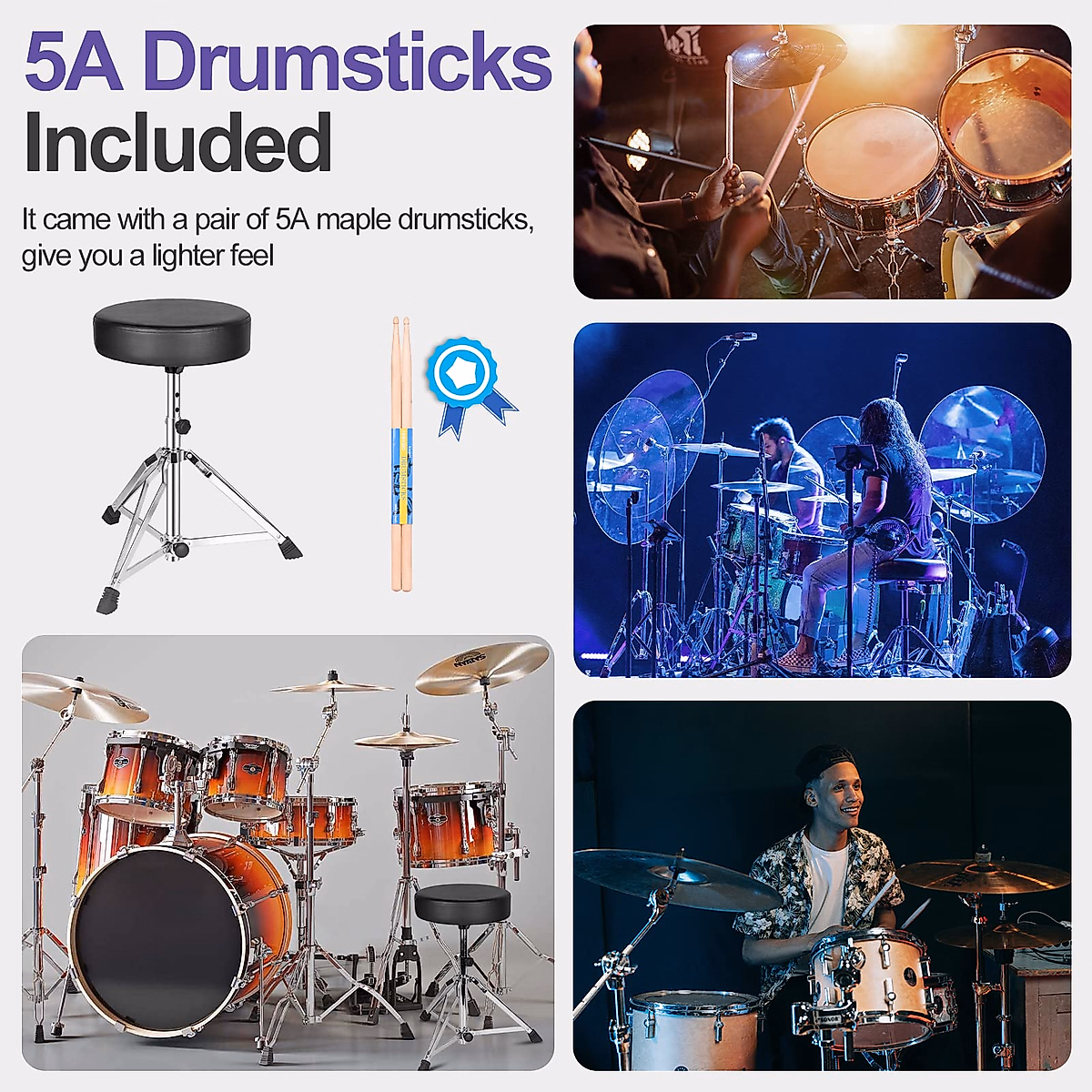 OUKMIC Drum Throne, Comfortable Adjustable Height Padded Drummer Stool, Tripod Non-Slip Foot Chair, Portable Folding Music Seat for Adults Kids, 5A Drumsticks Included