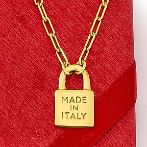 Ross-Simons Italian 18kt Gold Over Sterling Made in Italy Lock Pendant Paper Clip Link Necklace. 18 inches