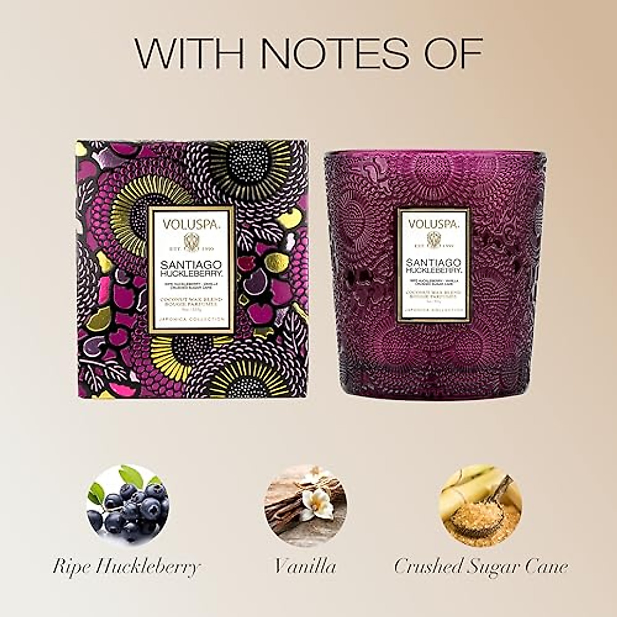 Voluspa Santiago Huckleberry, Classic Boxed Candle, 9 Ounce, 60 Hour Burn Time, All Natural Wicks and Coconut Wax for Clean Burning, Vegan, Poured in The USA