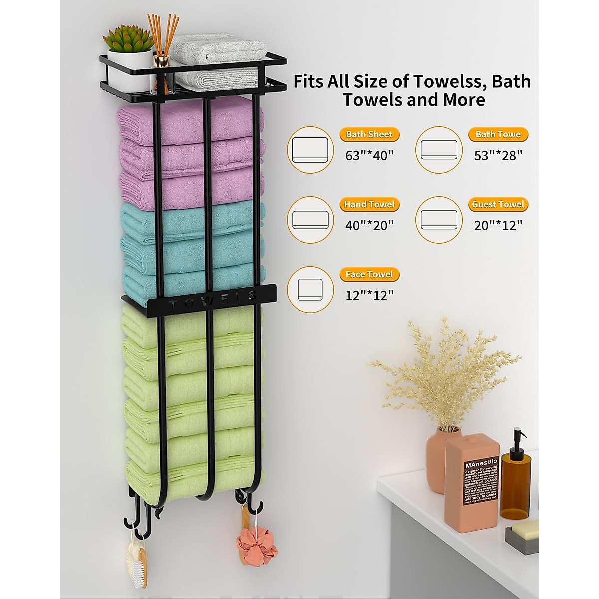 Towel Racks with Metal Storage Shelves Shelf for Rolled Towels, 3 Bar Towel Storage for Bathroom Wall Mounted, Towel Organizer for Folded Large Towel Washcloths, Bath Towel Holder Shelf with 4 Hooks