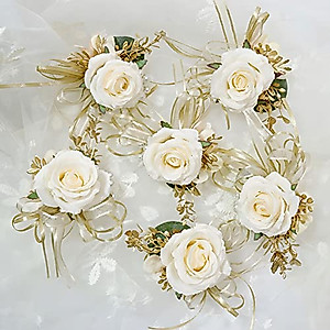 Cileruide Beige Rose Wrist Flower Corsage & Boutonniere Set for Wedding Bride Bridesmaid Groom Groomsmen Parents Suit Lapel Pin Button Hole Flower for Prom Homecoming, Tea Party, Formal Dinner