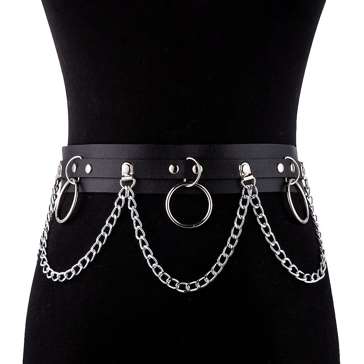 LOREMOW 2 Pcs Black Leather Waist Chain Belt Womens Punk Waist Belly Chain Layered Goth Body Chain Nightclub Party Body Jewelry Accessories