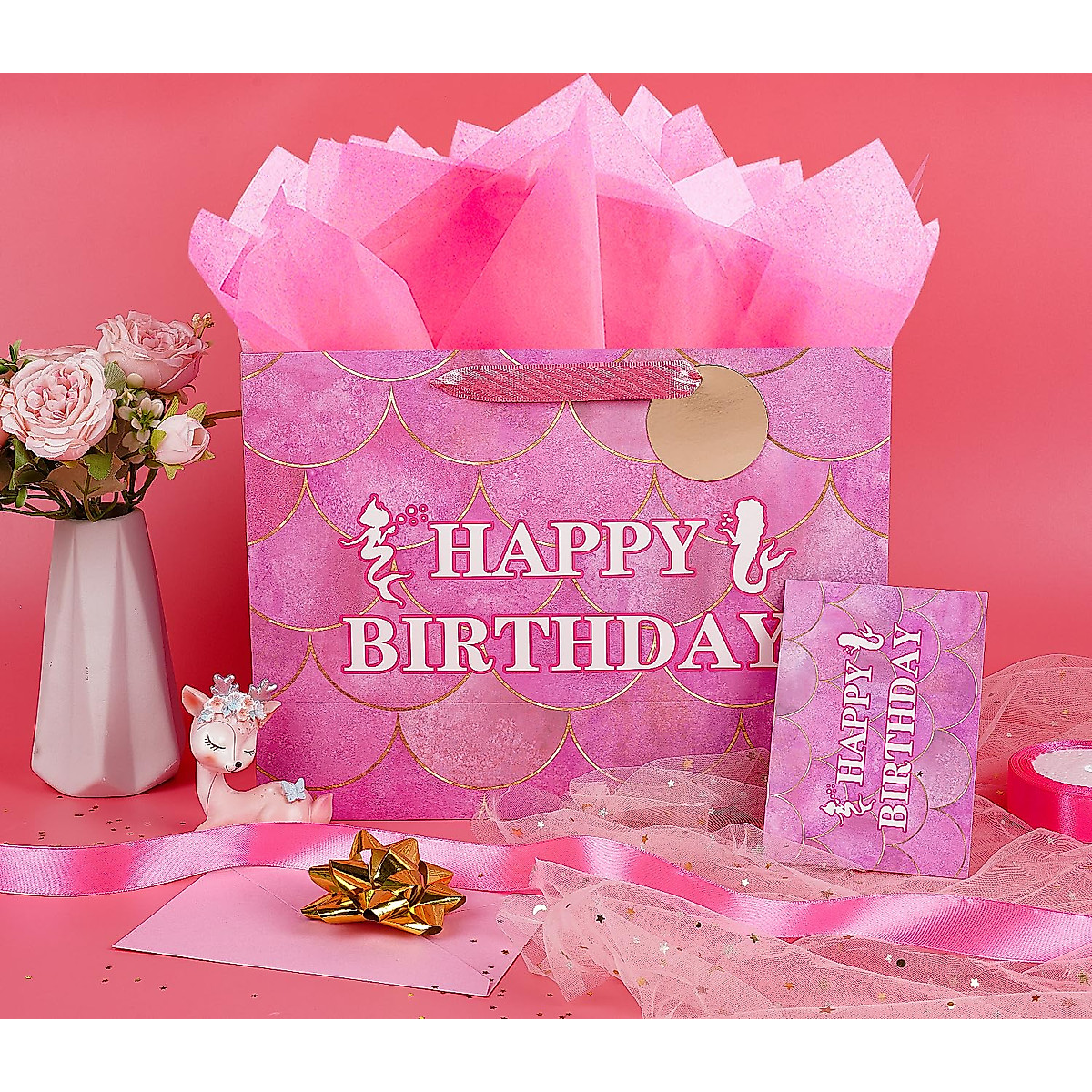 Jaywayang 12.6" Large Pink Mermaid Happy Birthday Gift Bag with Card, Tissue Paper and Tag for Kids Girls Birthday Party.