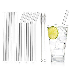 RENYIH 10 Pcs Reusable Glass Drinking Straws,9''x10 mm Clear Glass Straws for Beverages Milkshakes, Tea, Juice,Set of 5 Straight and 5 Bent with 2 Cleaning Brushes -Dishwasher Safe