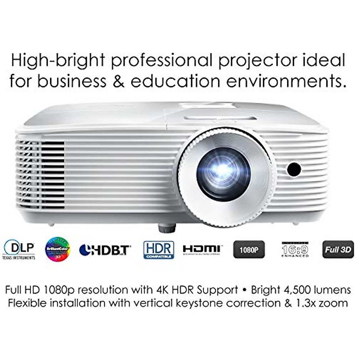 Optoma EH412 1080P HDR DLP Professional Projector | Super Bright 4500 Lumens | Business Presentations, Classrooms, and Meeting Rooms | 15000 Hour Lamp Life | 4K HDR Input | Speaker Built in , White